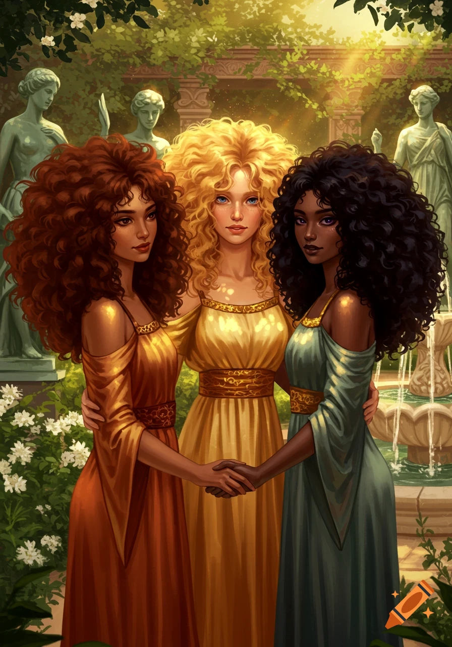 Three women with long curly hair in flowing dresses stand in a sunlit ...