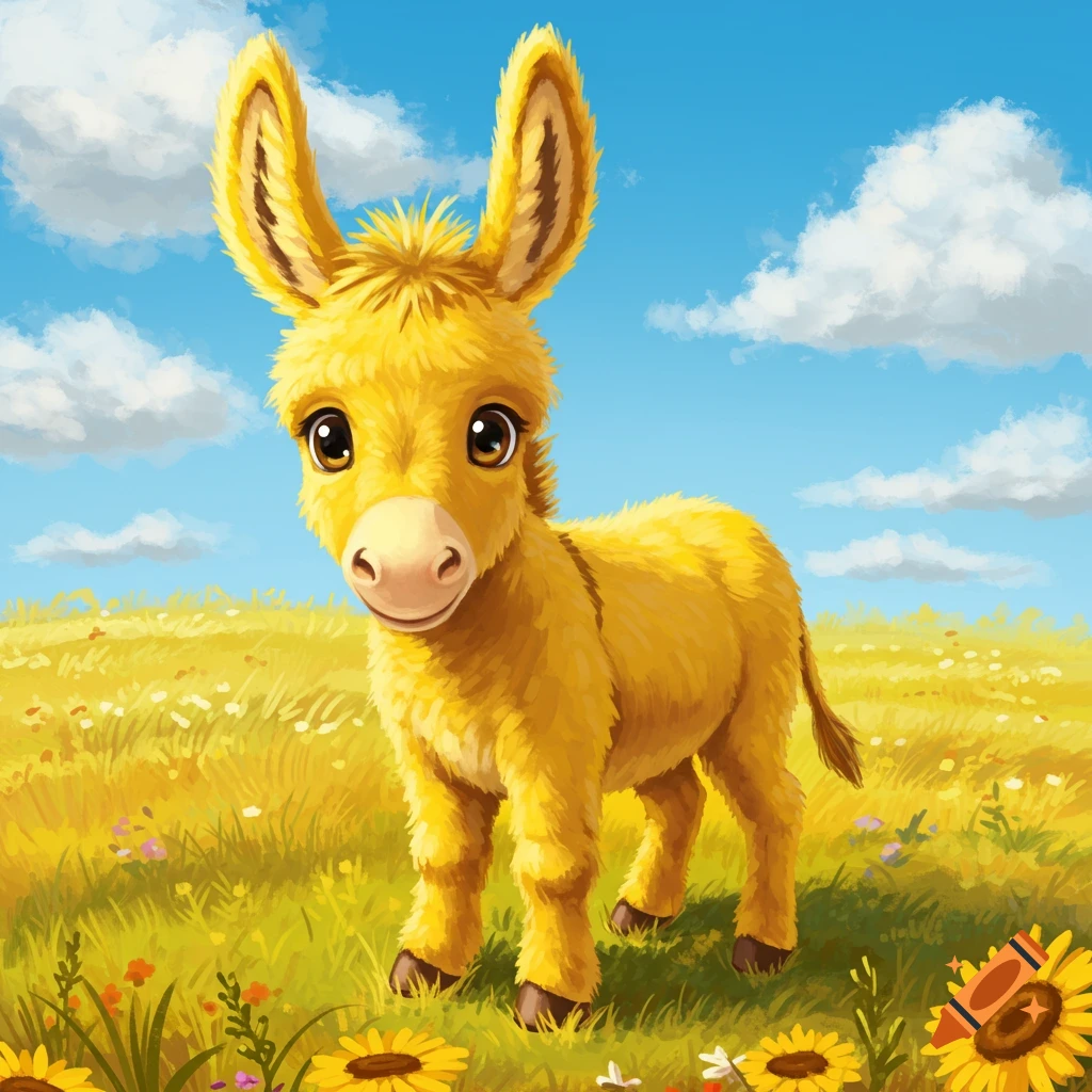 A realistic donkey with wagon wheels for legs stands in a sunny ...