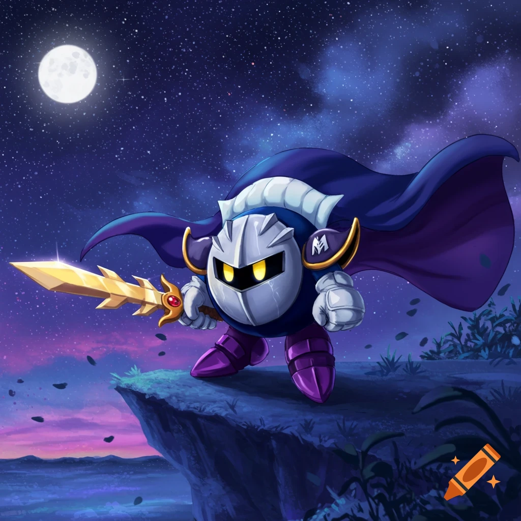 Meta Knight with a golden sword stands on a cliff under a full moon and ...