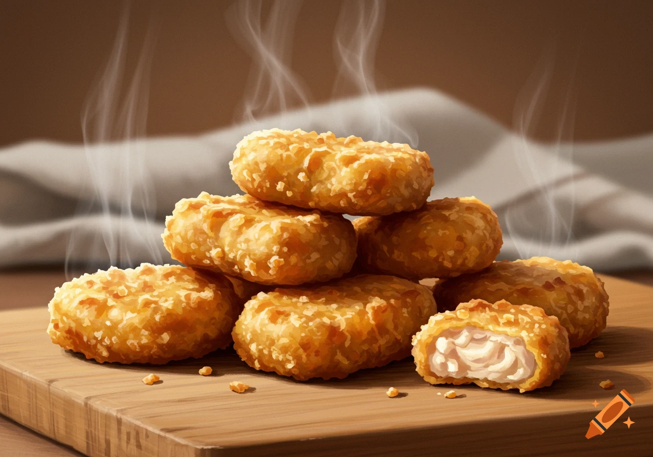 A pile of golden-brown, hot chicken nuggets with steam rising, on a ...