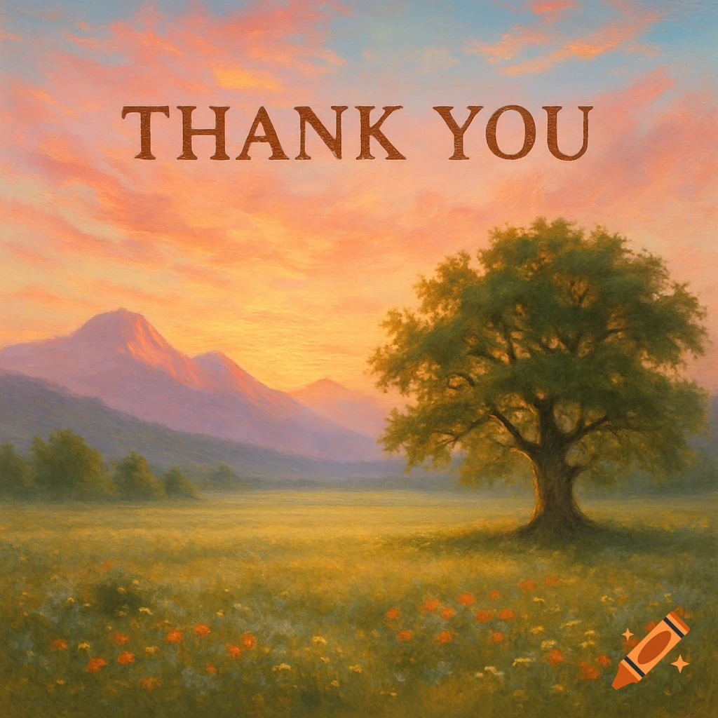 A vibrant landscape painting at sunset with 'THANK YOU' text, featuring ...