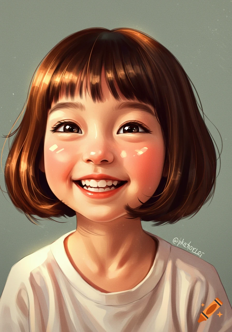 A smiling young girl with a bob haircut, in a vibrant digital art style ...