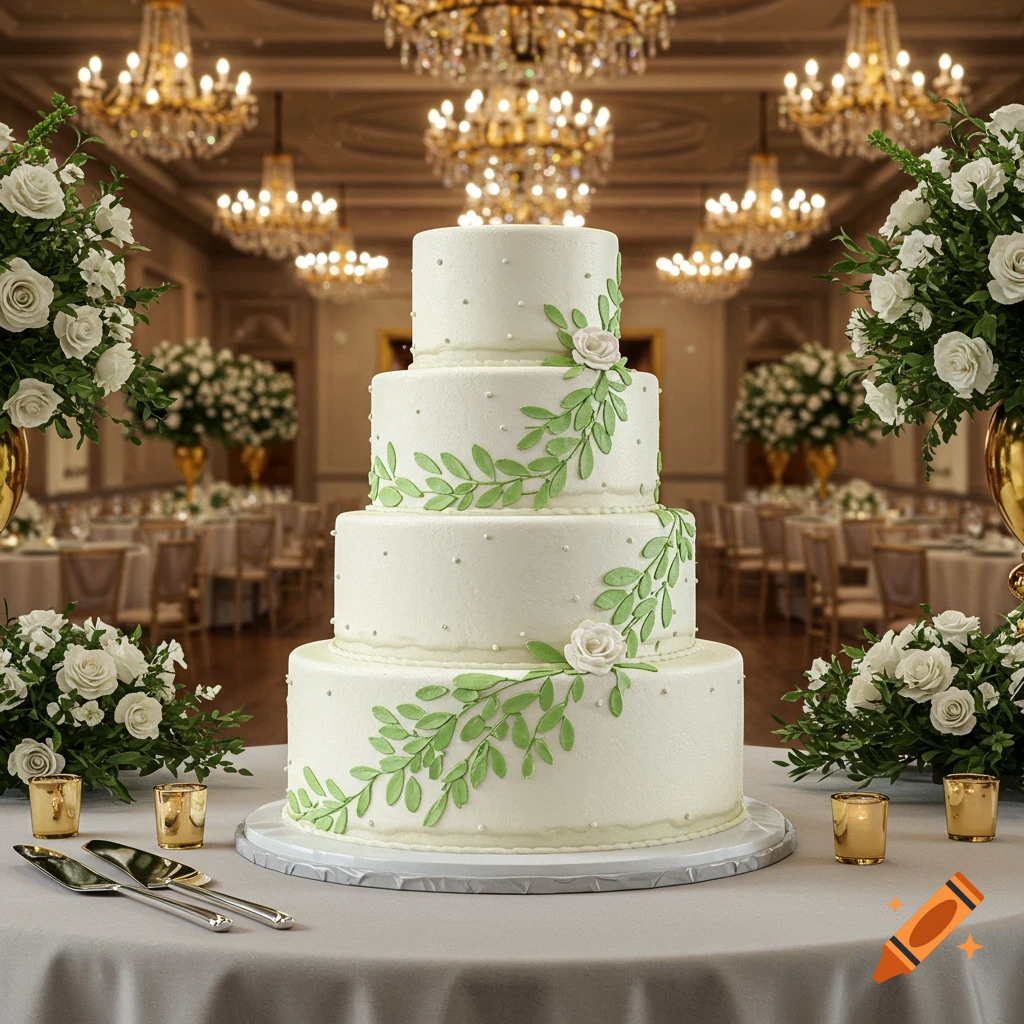 A four-tiered white wedding cake with green leaves and white roses on a ...