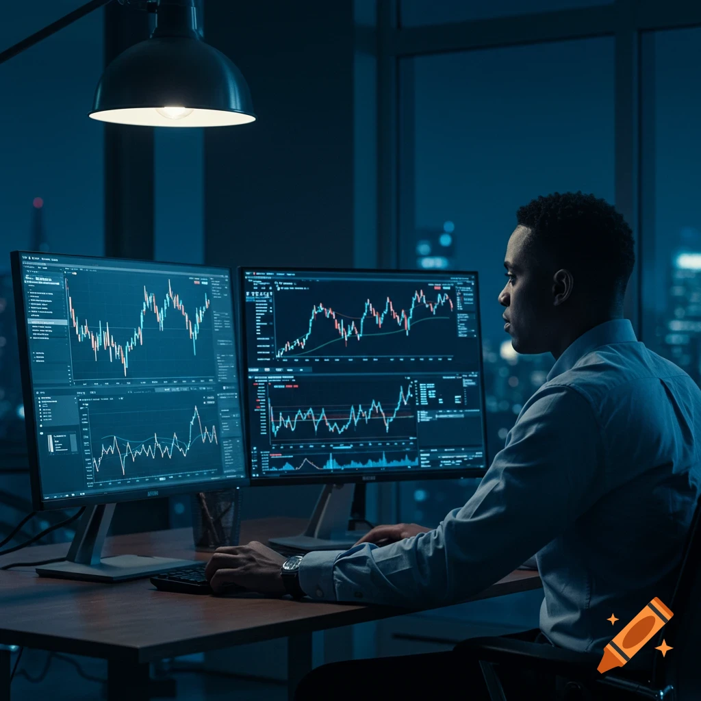 A man works on multiple computer monitors displaying financial stock ...