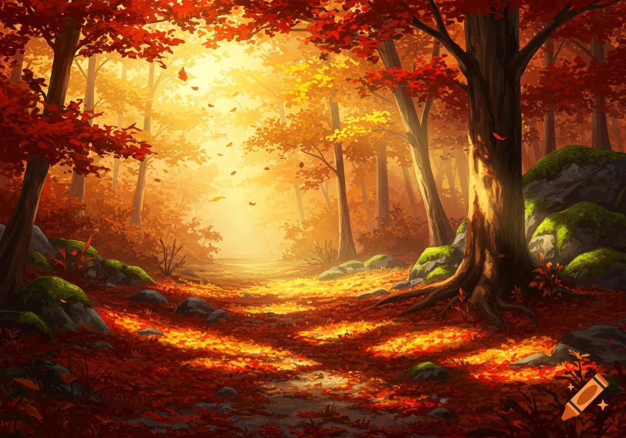 A vibrant, stylized autumn forest path bathed in golden sunlight, with ...
