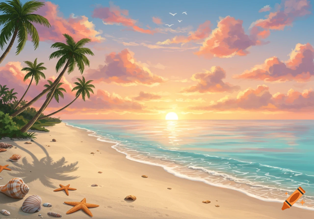 Painterly beach scene with a wooden lounge chair, turquoise towel, palm ...