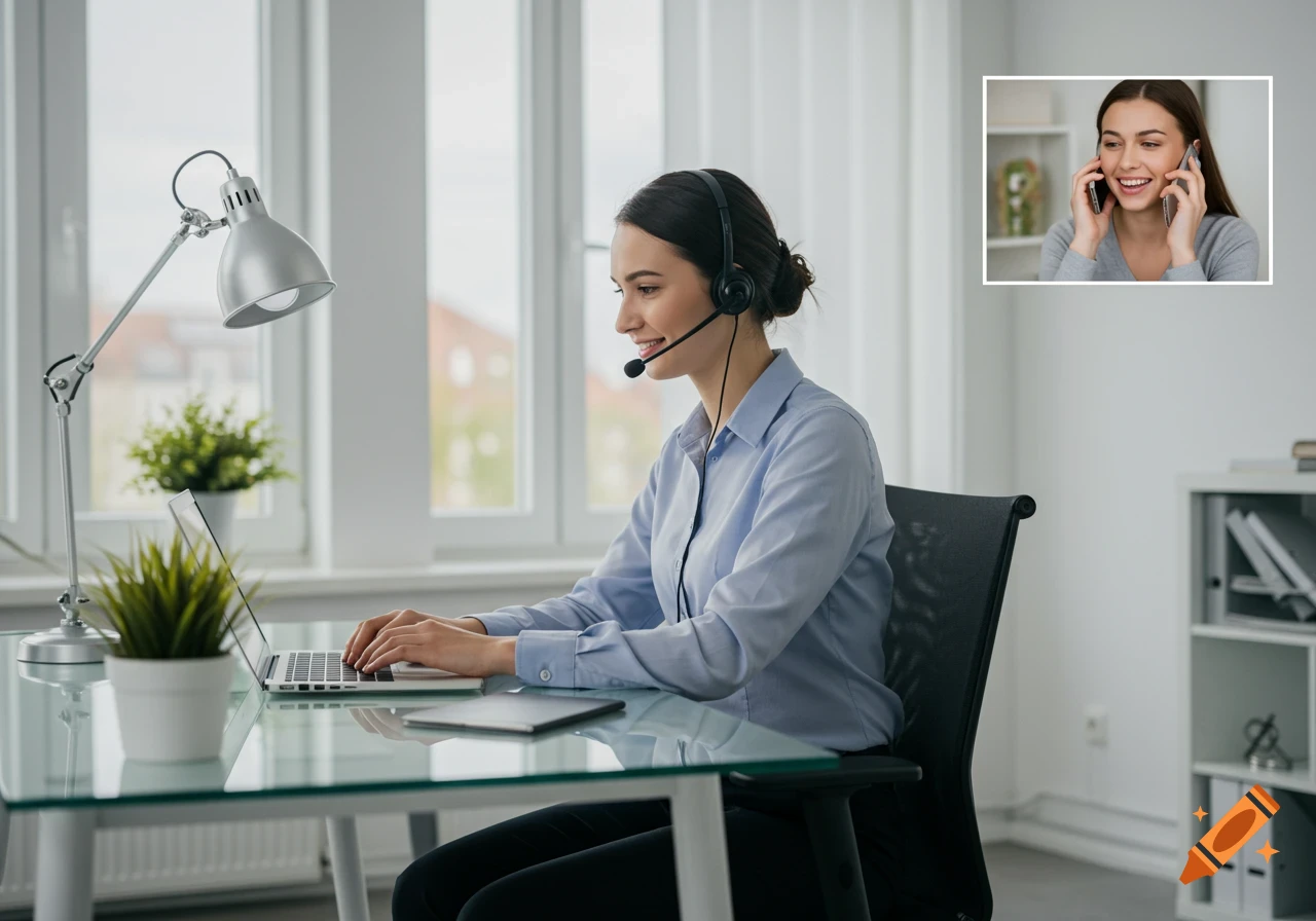 A smiling woman with a headset works on a laptop at a glass desk in a ...