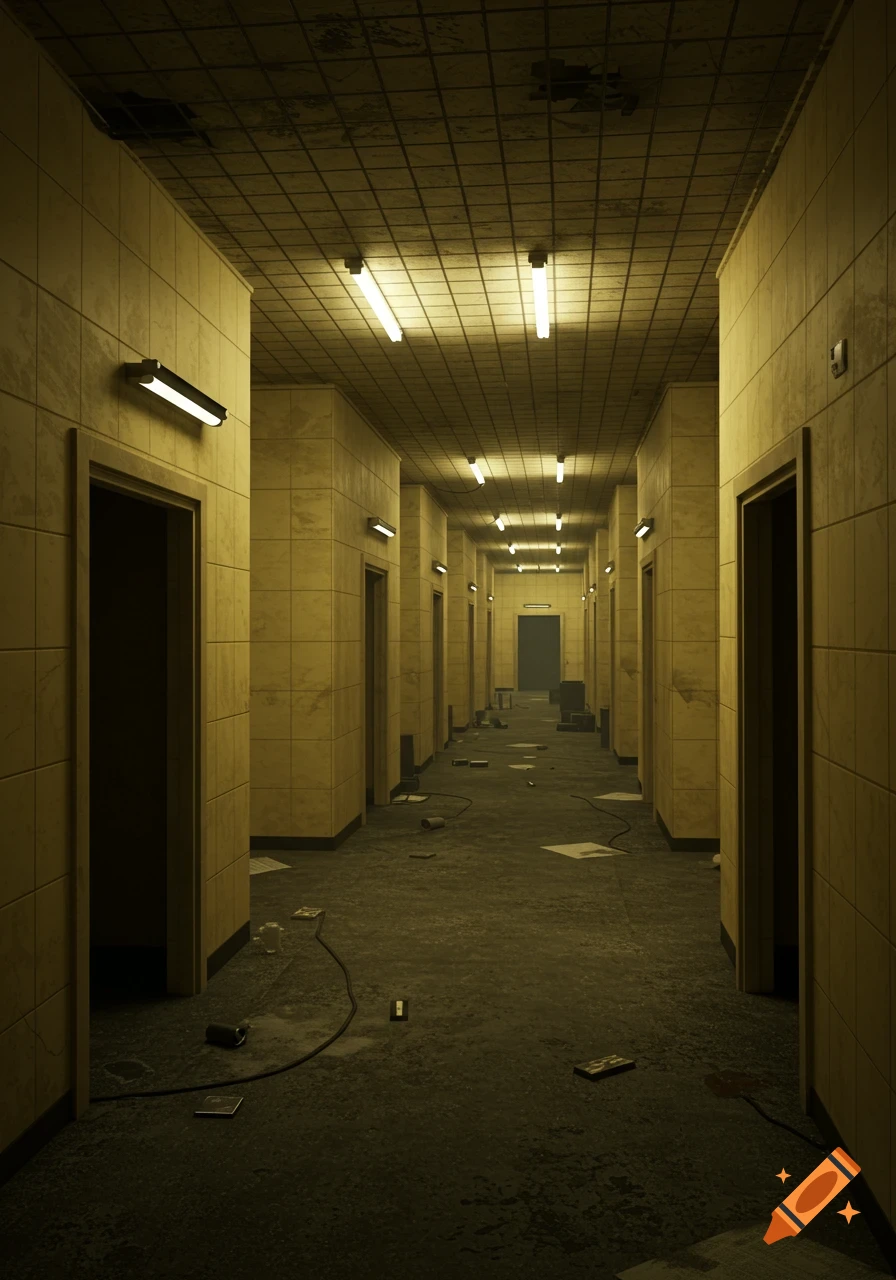 A long, empty corridor with walls, floor, and ceiling covered in bright ...
