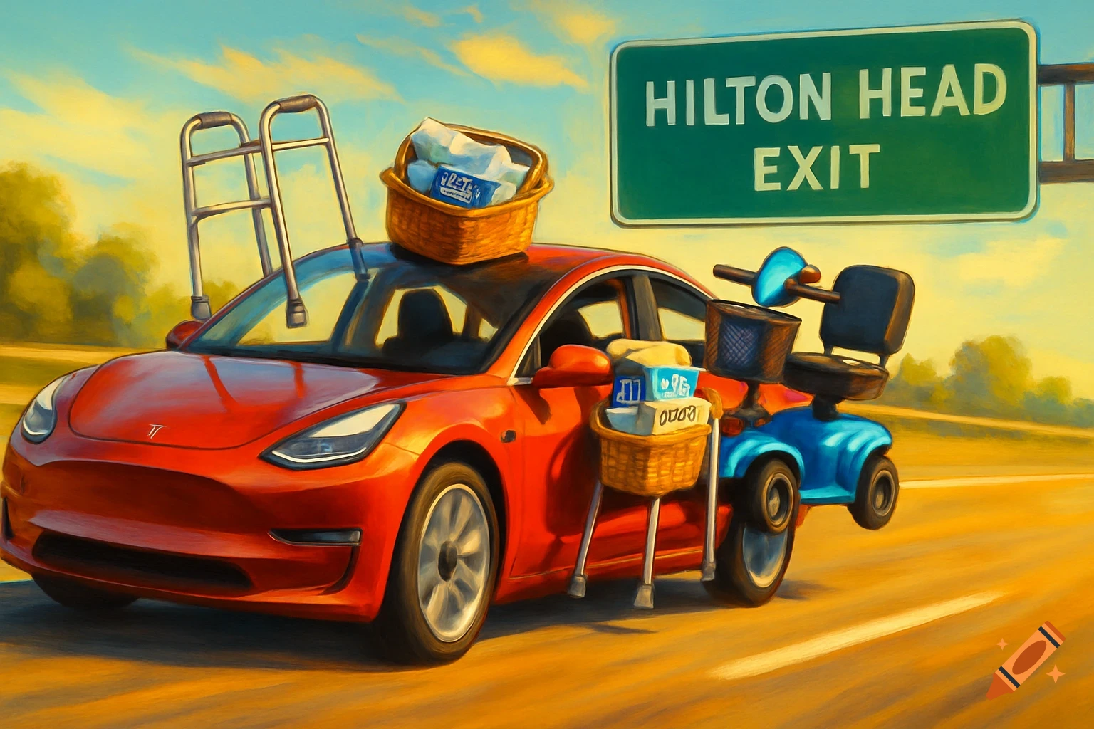 A red Tesla drives on a highway, laden with a walker, mobility scooter ...