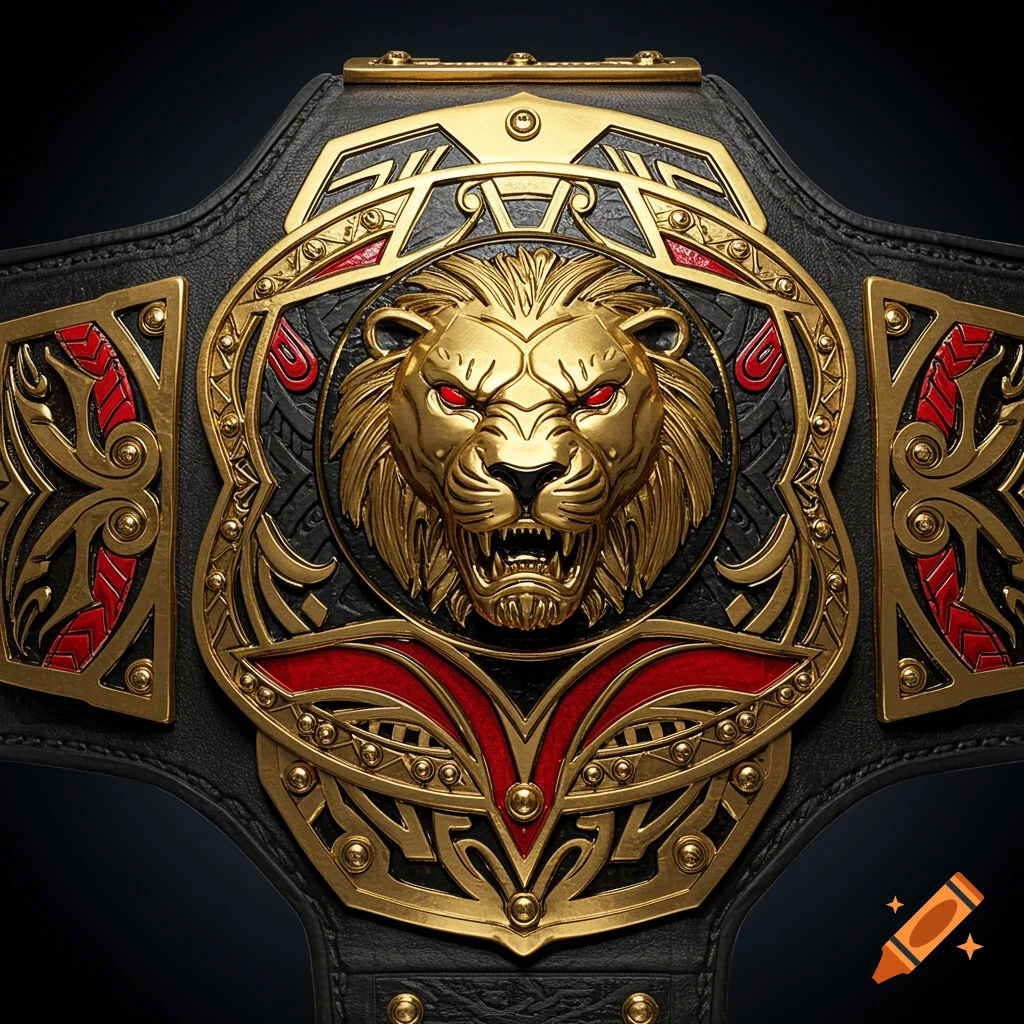 A detailed gold and black wrestling championship belt with 'WORLD ...