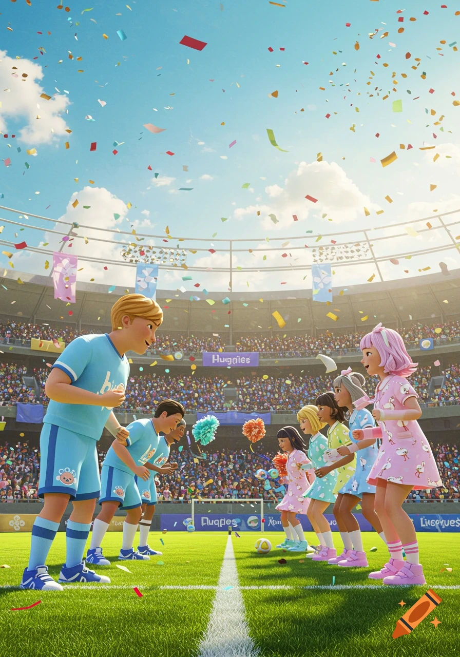 Cartoon-style characters line up on a soccer field in a stadium, with ...