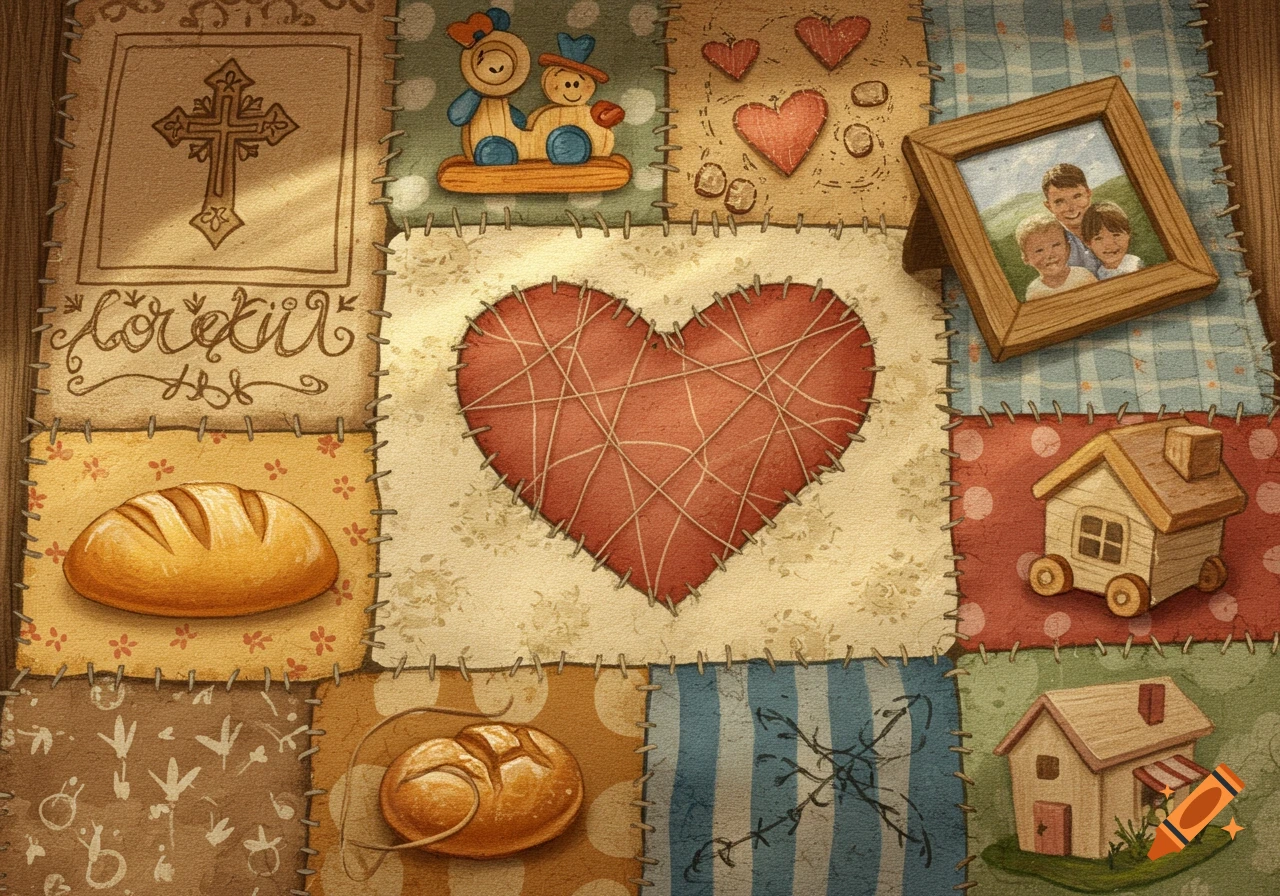 A colorful patchwork quilt featuring various patches: a cross, wooden toys, a framed photo of a ...