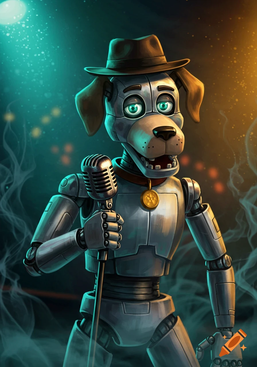 A digital illustration of an animatronic dog in a hat, holding a ...