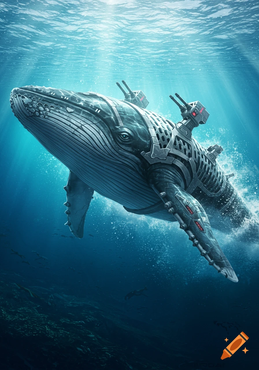 A large whale equipped with metallic armor and missile launchers swims ...