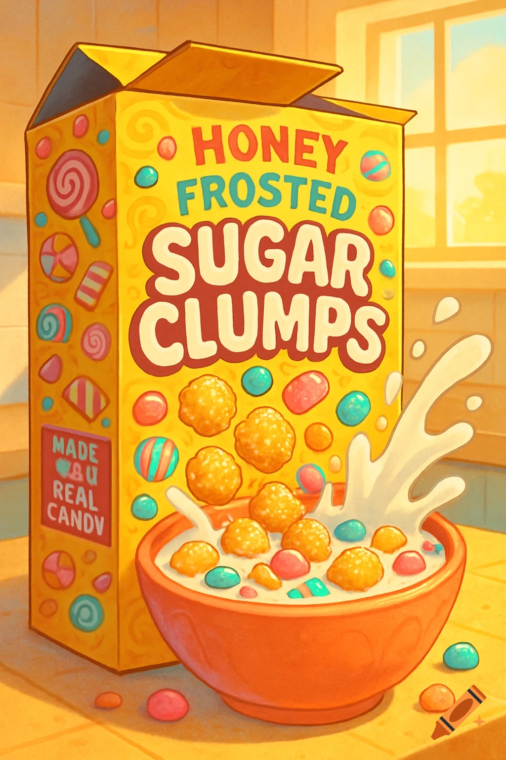 A cartoon cereal box 'Nietzsche O's' with a smiling Friedrich Nietzsche ...