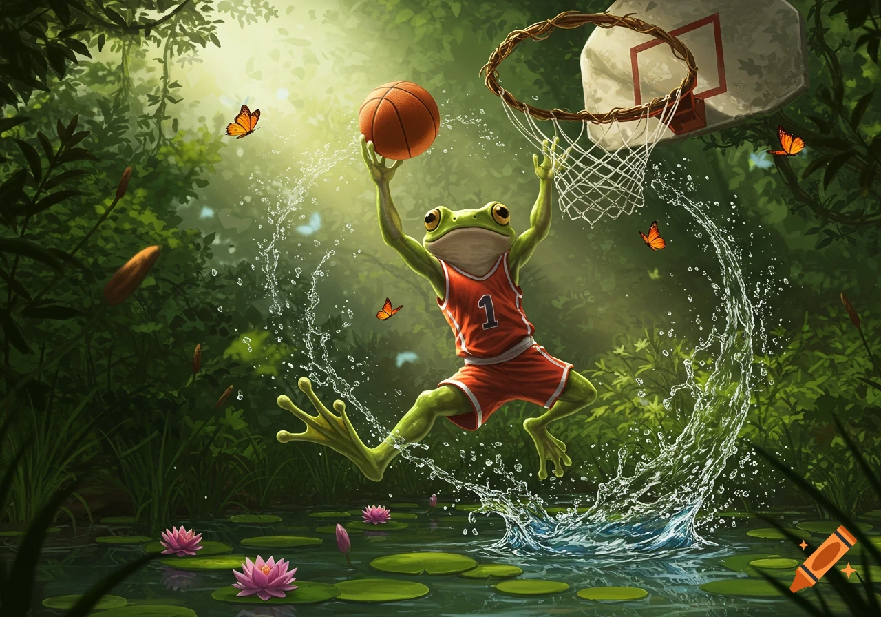 A cartoon frog wearing a red basketball jersey with number '1' is ...