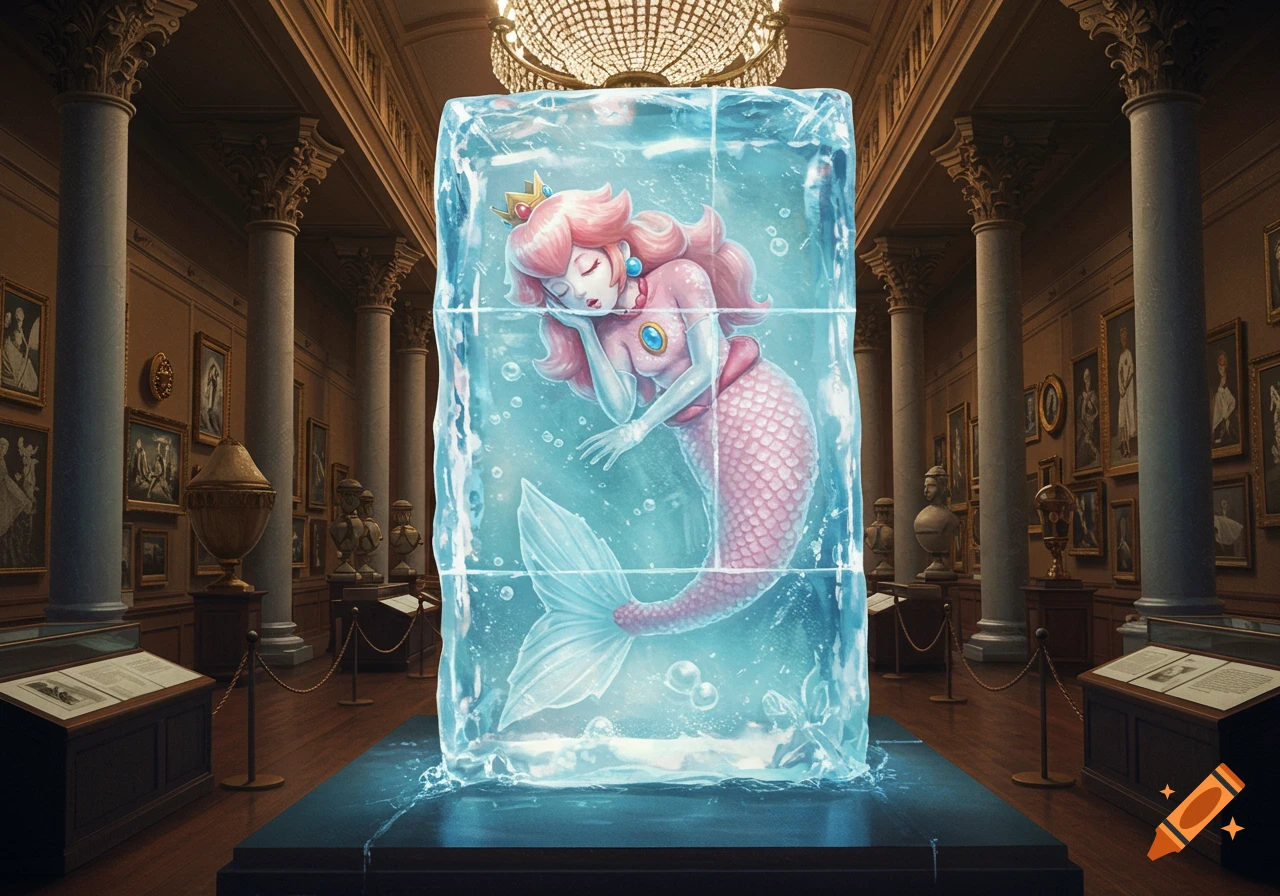 Mermaid Princess Peach is frozen in a large ice block, displayed in a ...