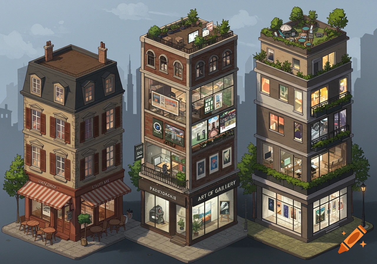 An isometric illustration of three buildings side-by-side, depicting a ...