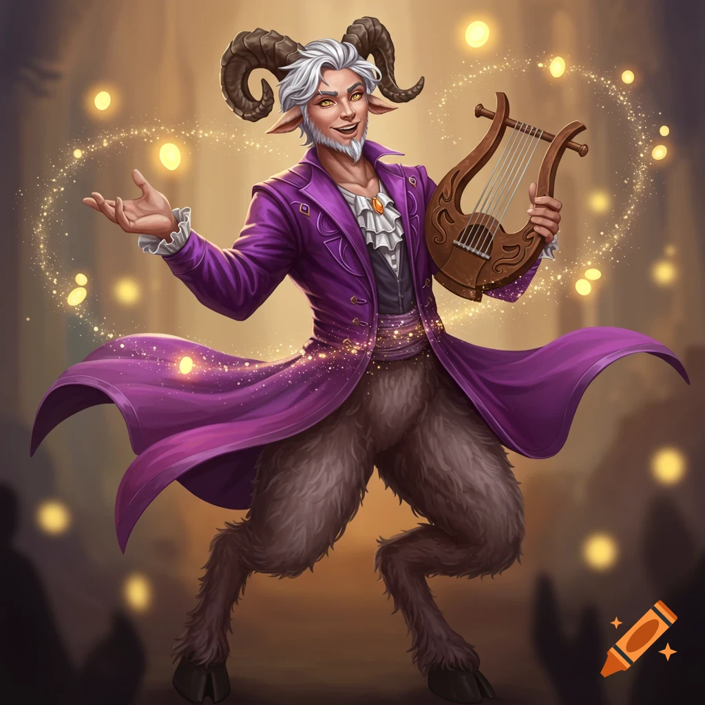 A smiling male satyr with silver hair, ram horns, and a vibrant purple ...