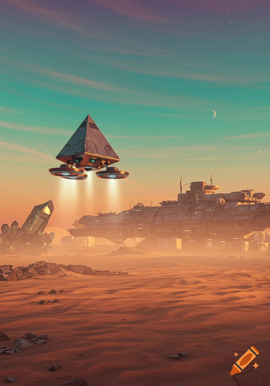 A futuristic tracked robot plants rows of grass on desert dunes, with a ...