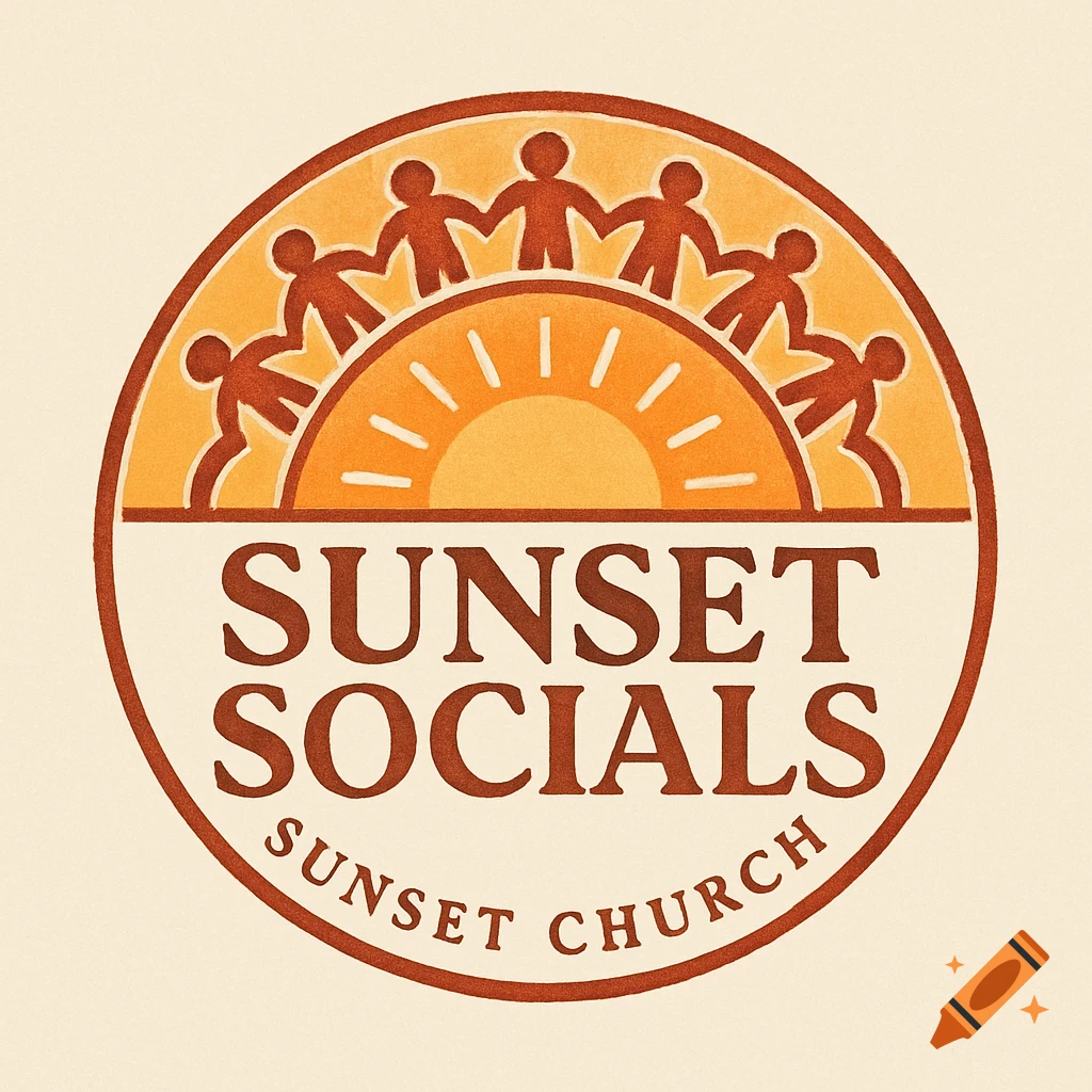 A warm circular logo for Sunset Socials, depicting stick figures ...