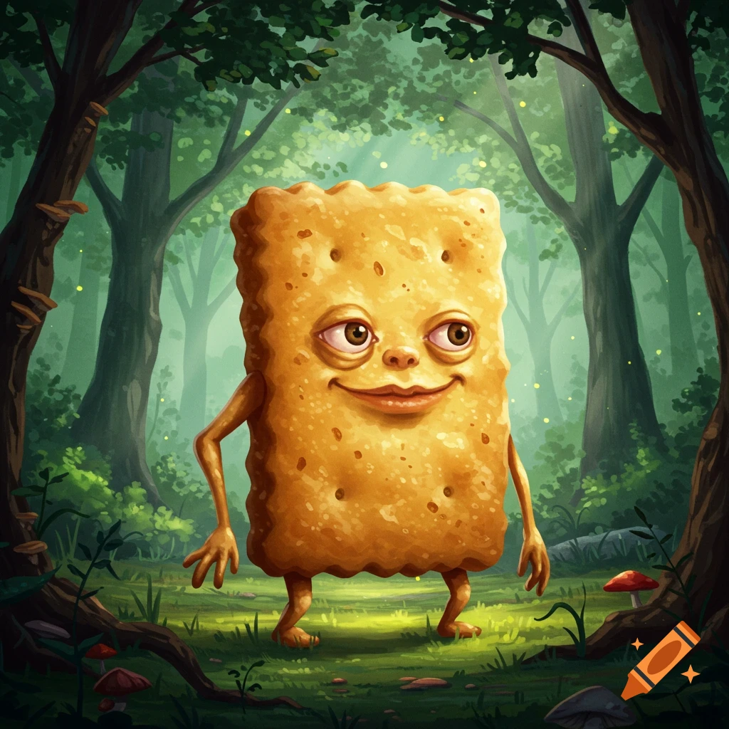 An anthropomorphic cracker with a human face, arms, and legs stands in ...