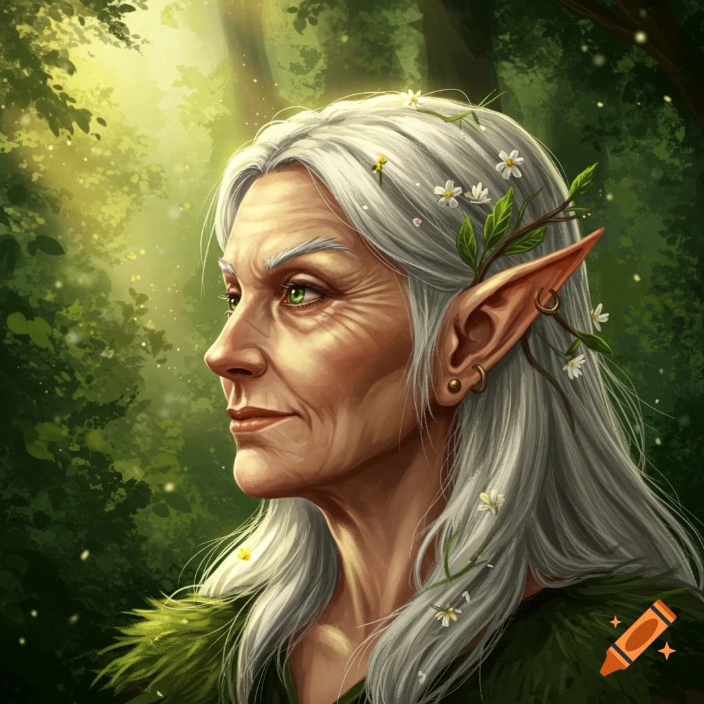 Female wood elf with white hair and blue eyes walking through forest on ...