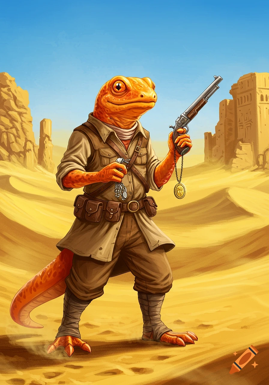 An anthropomorphic orange salamander archaeologist holds a pistol and ...