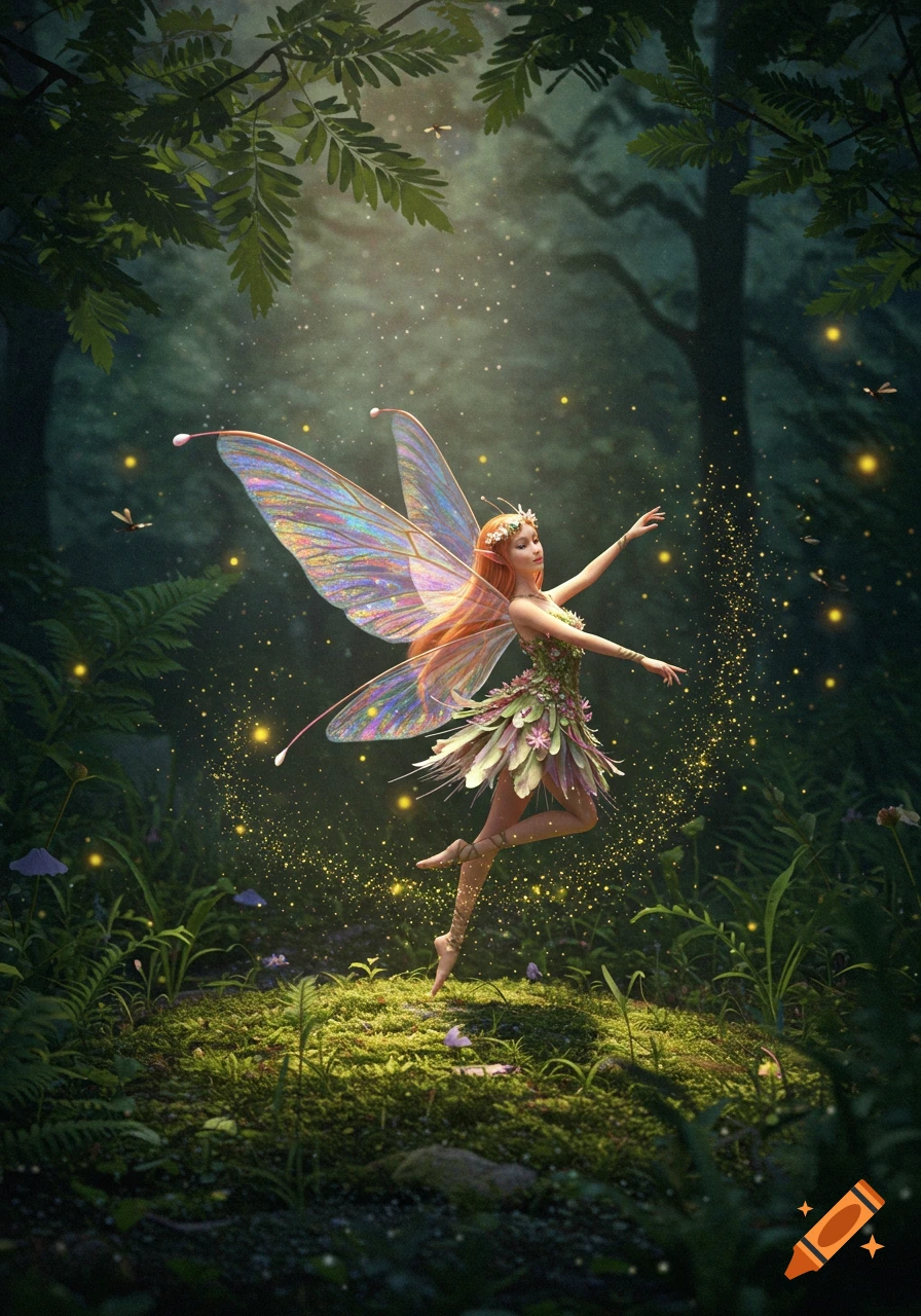 A fairy with glowing pink and gold wings sits on a mossy log in a sun ...