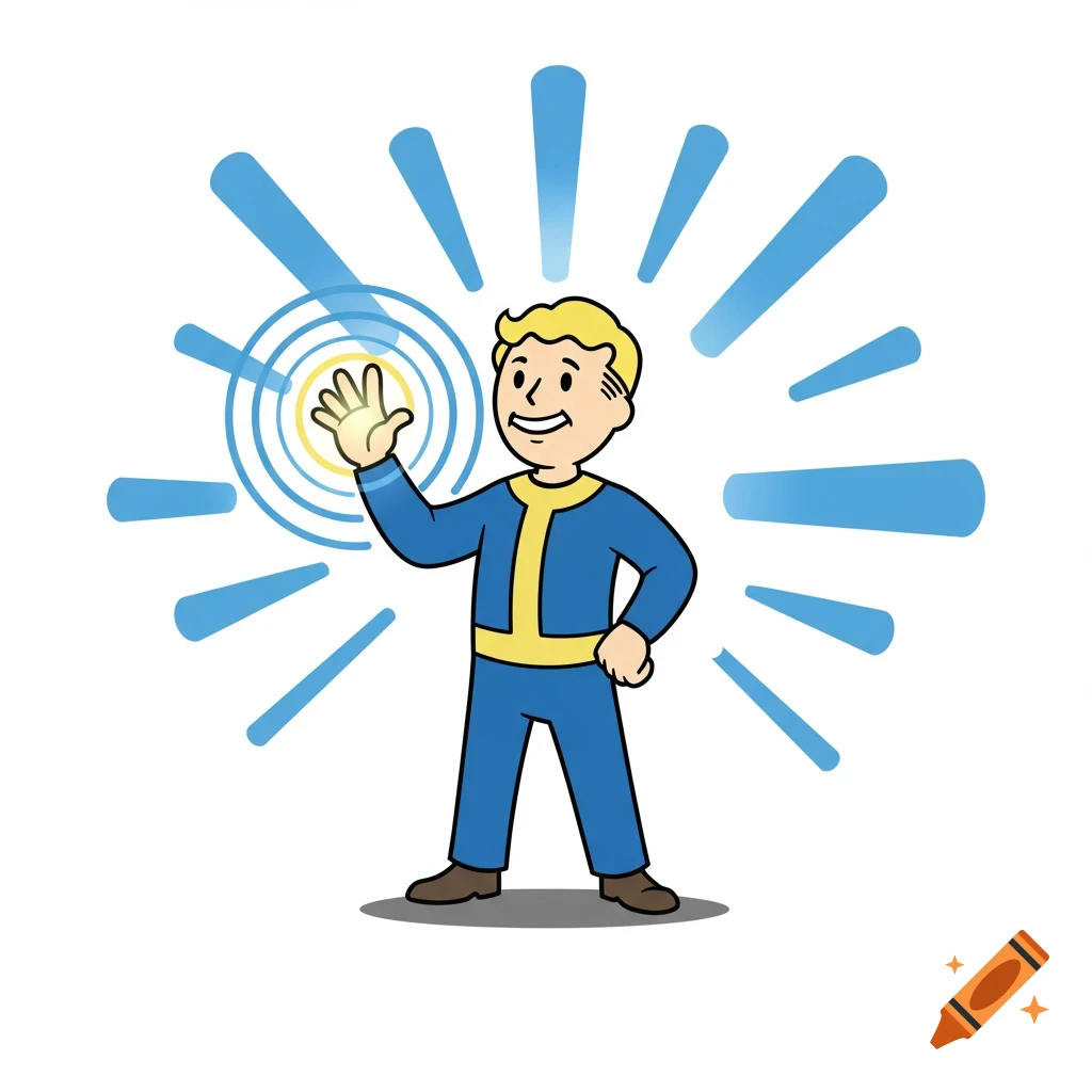 Cartoon illustration of Vault Boy in a blue and yellow jumpsuit ...