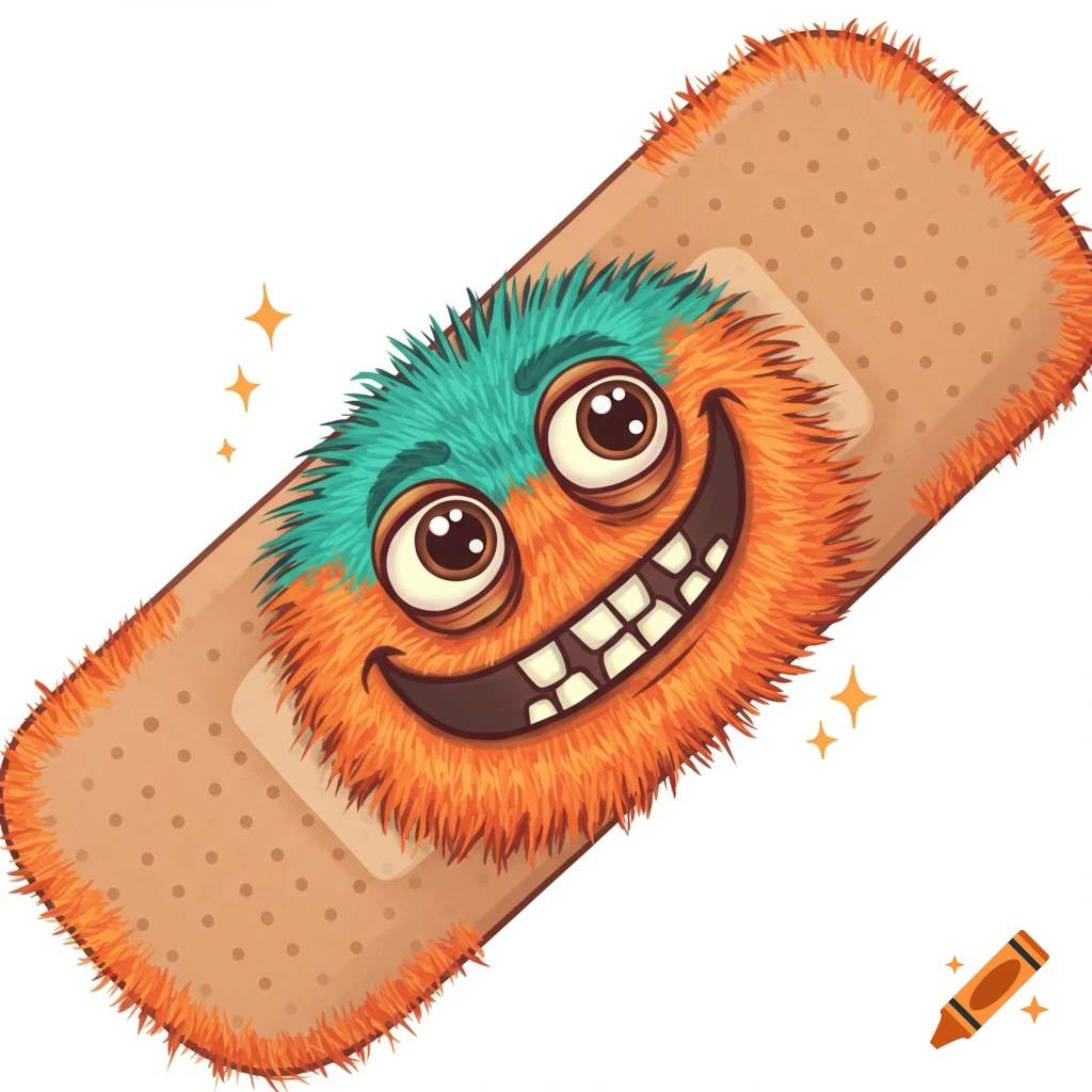 A cartoonish band-aid featuring a smiling, furry orange and teal ...