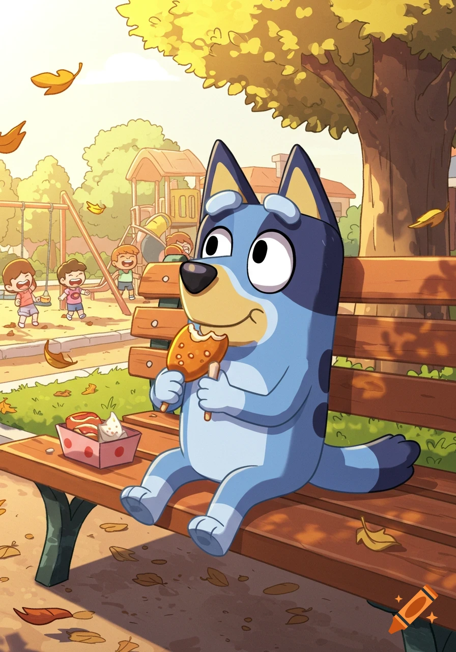 Bluey, the blue dog, sits on a park bench eating a snack as autumn ...