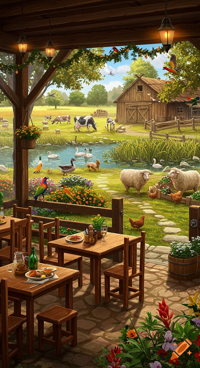 An idyllic illustration of a farm cafe scene with people dining ...