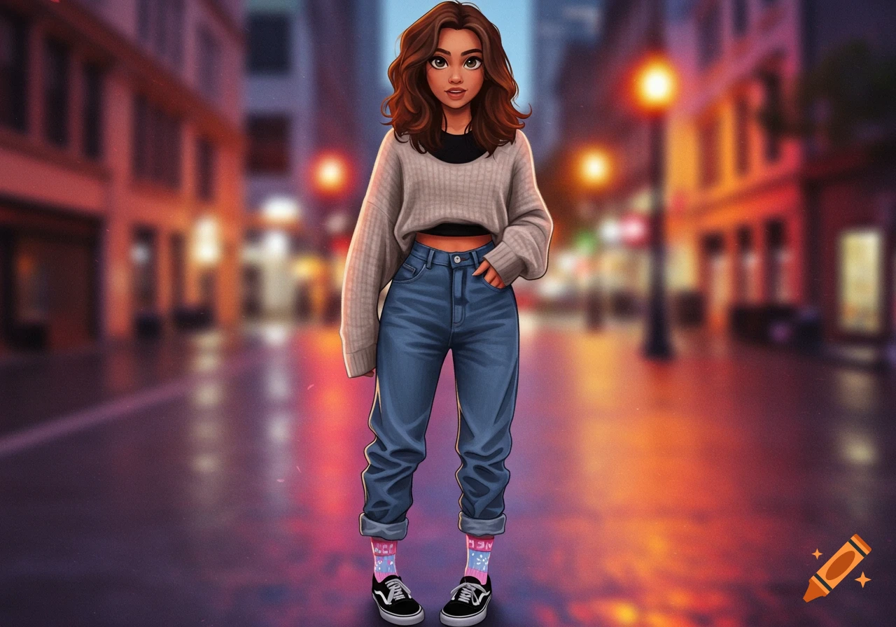 Stylized illustration of four young women wearing 90s fashion outfits ...