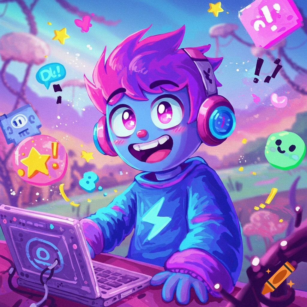 A happy blue character with pink hair and headphones uses a laptop in a ...