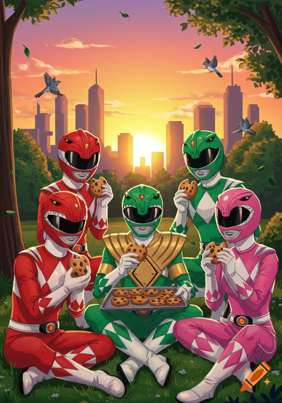 Four animated characters, including red, blue, and green Power Ranger ...