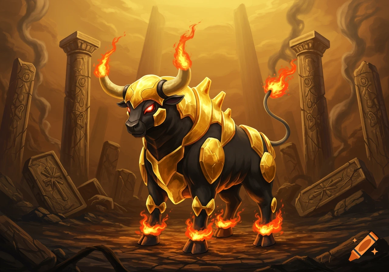 A stylized dark armored creature with glowing green eyes and red ...