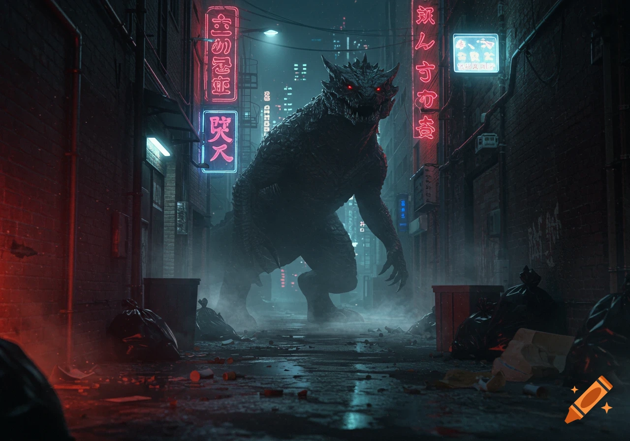 A colossal dark monster with glowing red eyes stands in a misty, neon ...