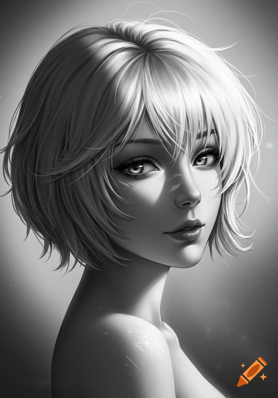 A black and white anime portrait of a girl with short white hair ...