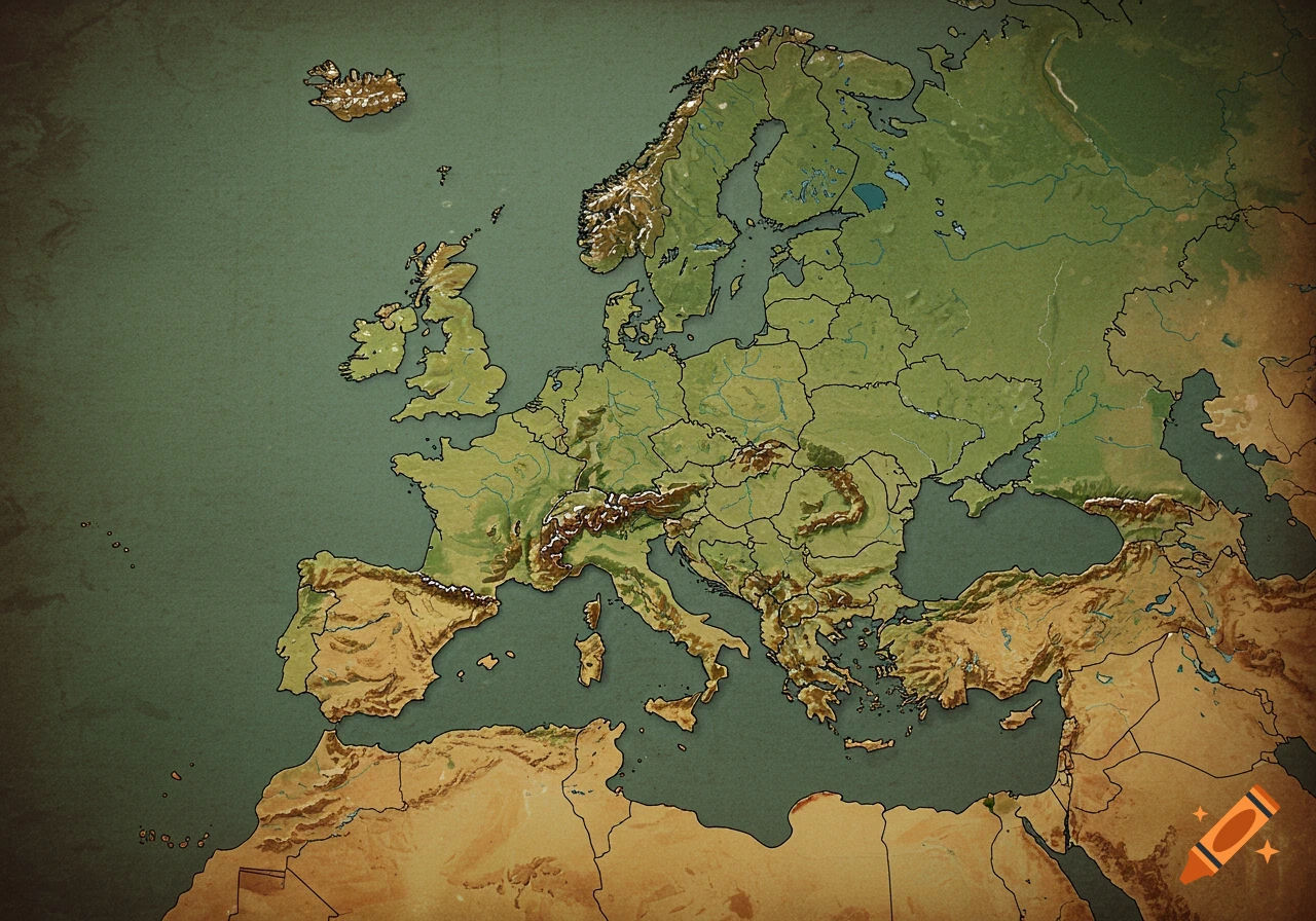 A detailed physical map of Europe with mountain ranges and country ...