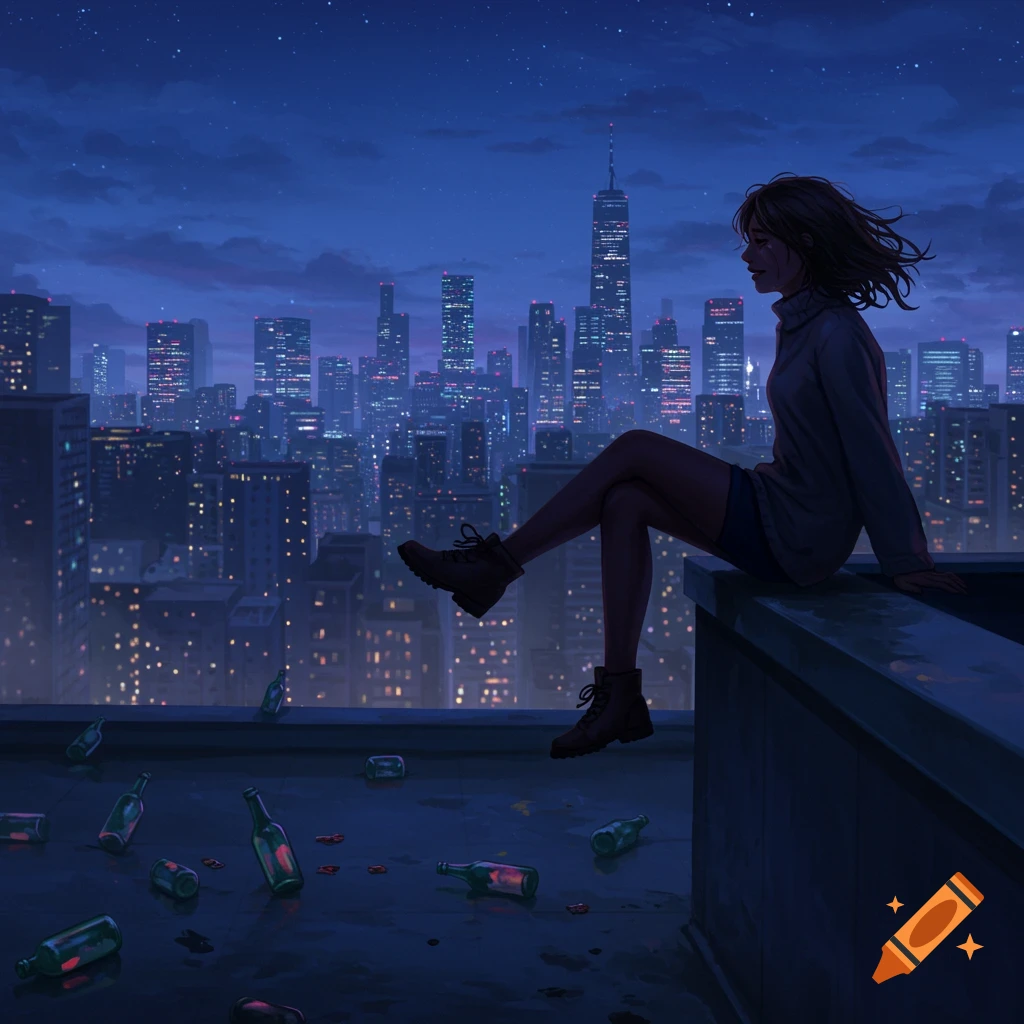 A digital art illustration of a woman sitting on a rooftop overlooking a city skyline at night ...
