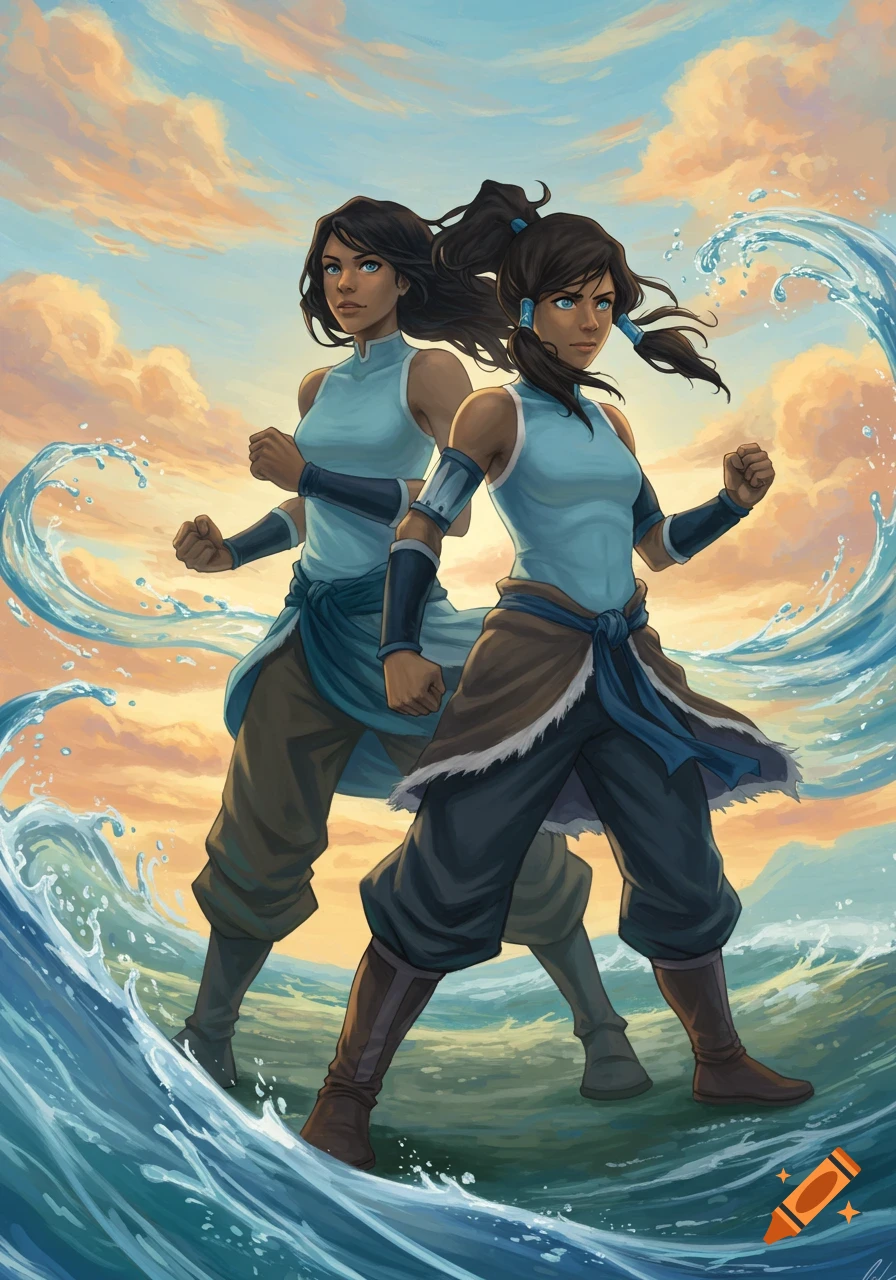 Prince Zuko firebending and Korra waterbending, standing back to back ...