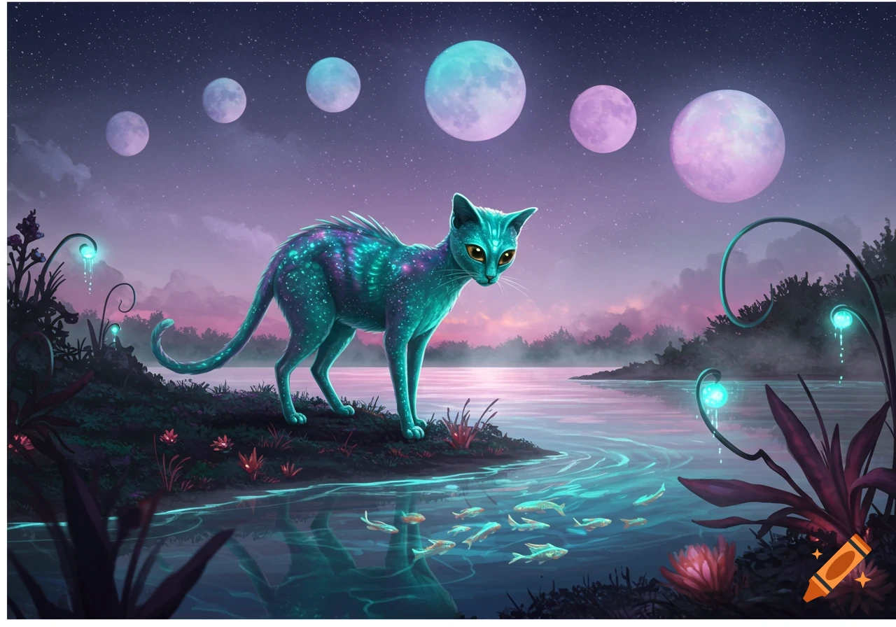 A black cat with glowing green eyes walks forward in a dark, futuristic ...