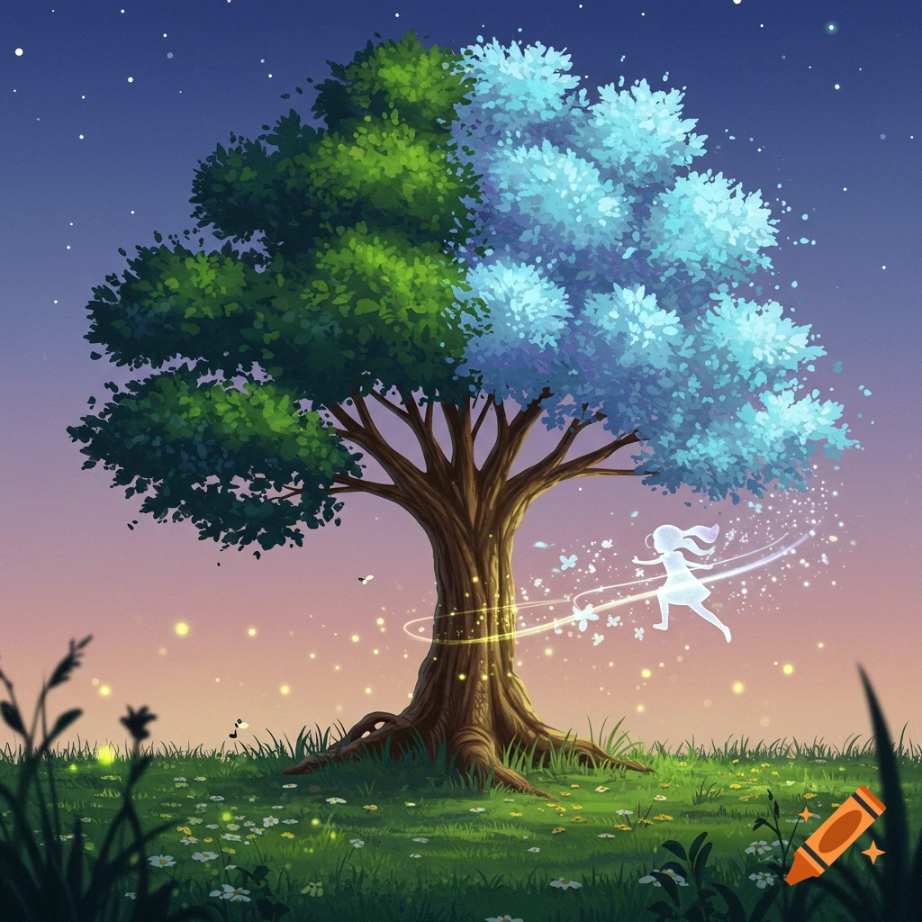 A vibrant cartoon fantasy illustration of a tree, half lush green and ...