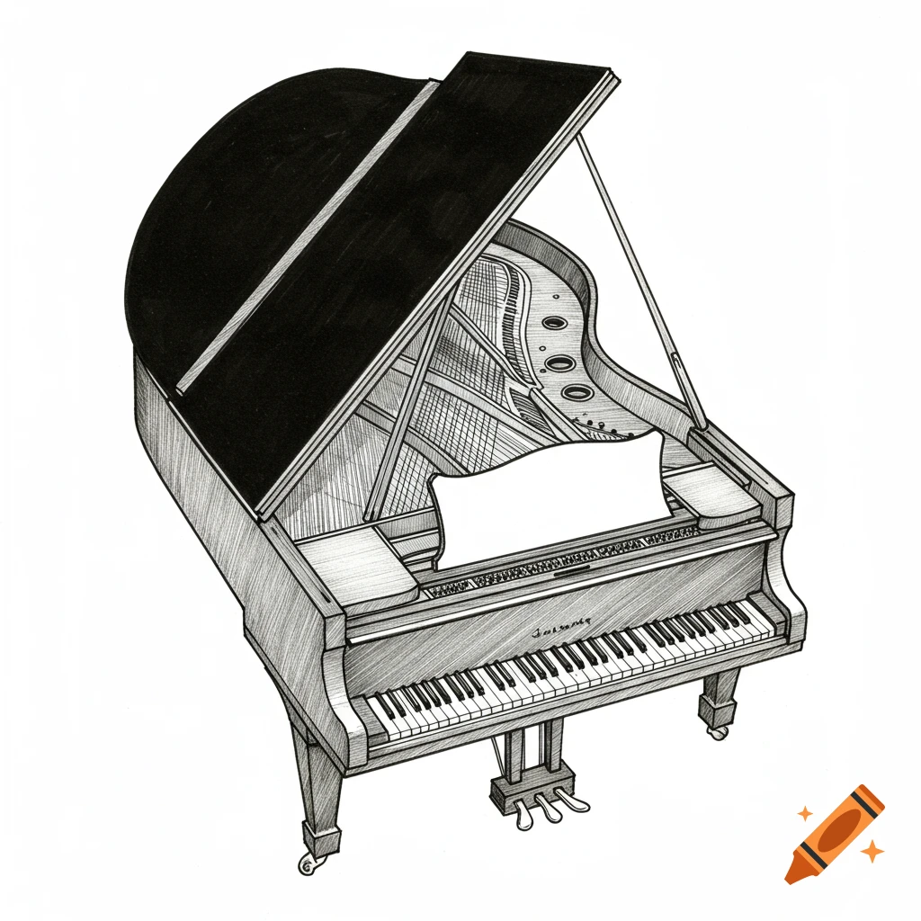 A black and white line drawing of a grand piano with its lid open ...