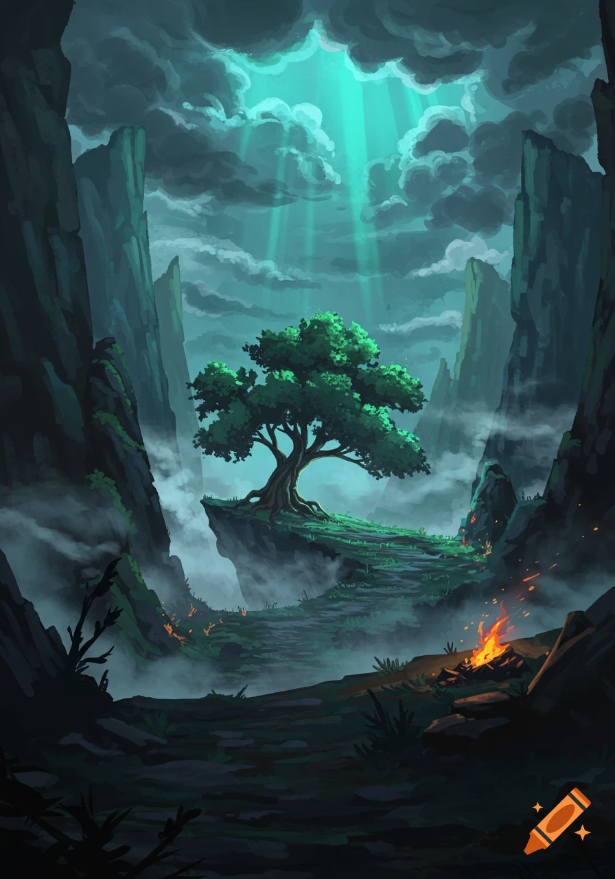 A deep, dark ravine at night, with glowing green veins on its rocky ...