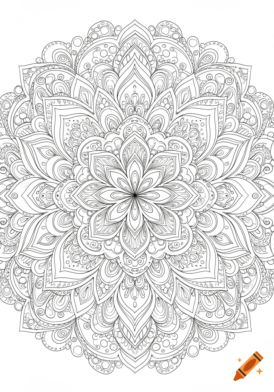 Detailed black and white line art of a symmetrical mandala pattern. on ...