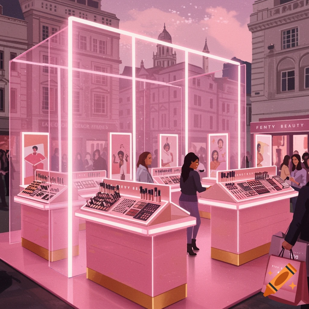 An illustration of a vibrant pink Fenty Beauty pop-up shop with glowing ...