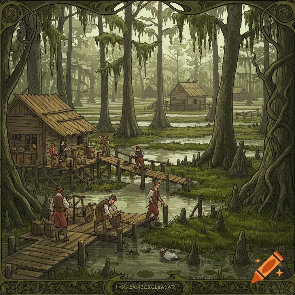 An Art Nouveau illustration of men working at wooden cabins on stilts ...