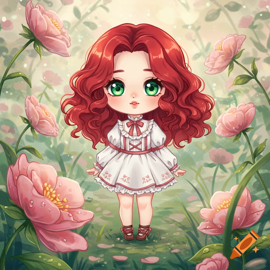 A cute chibi girl with red curly hair and big green eyes in a white ...